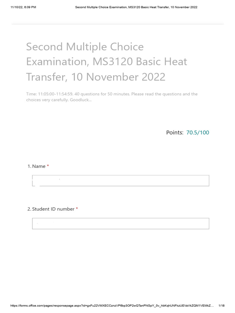 Second Multiple Choice Examination, MS3120 Basic Heat Transfer, 10 ...