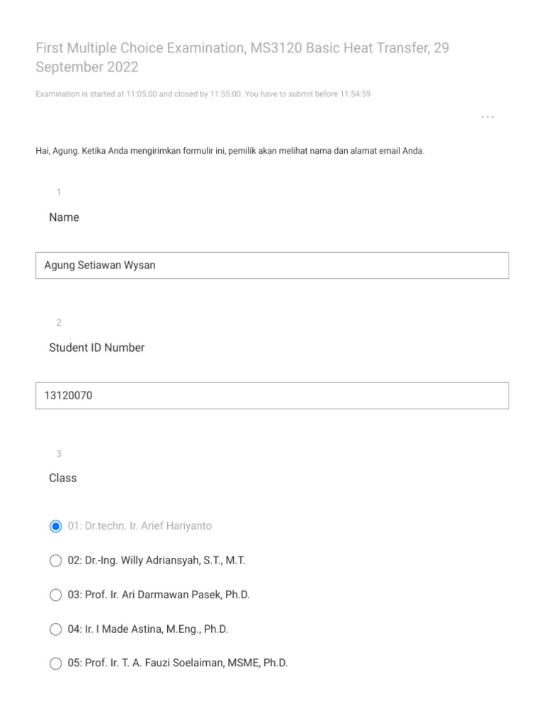 First Multiple Choice Examination, MS3120 Basic Heat Transfer, 29 ...