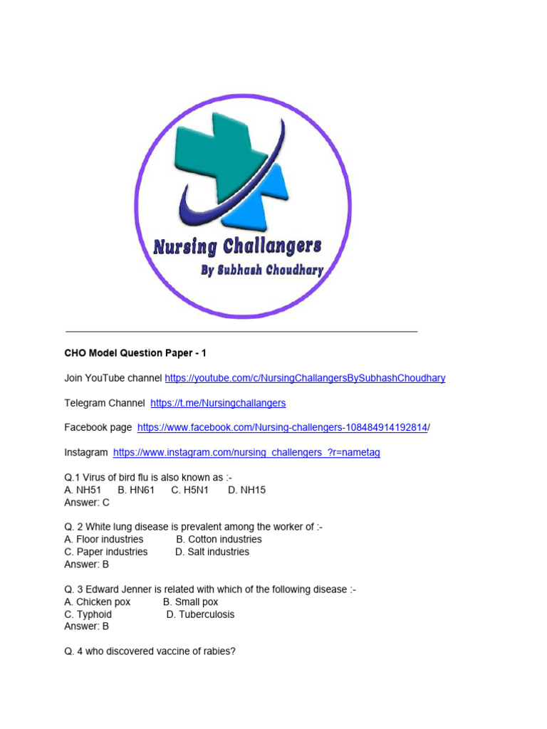 CHO Exam Model Question Paper 2023 | PDF | Magnesium | Sensitivity And ...