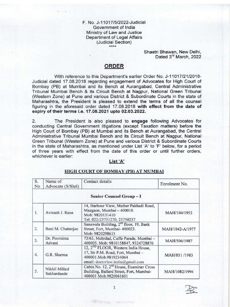 Senior Advocates List for Bombay High Court | PDF | Separation Of ...