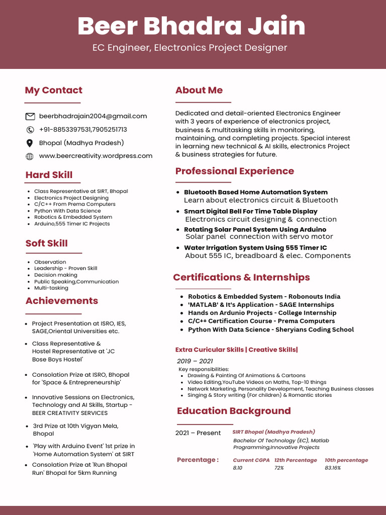 Beer Bhadra Jain EC Resume | PDF | Electronics | Embedded System
