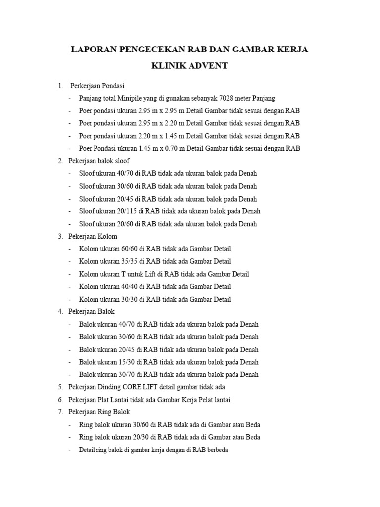 Laporan Pengecekan RAB Dan Gambar Klinik ADVENT | PDF