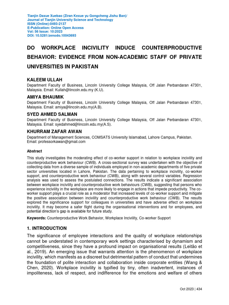 Do Workplace Incivility Induce Counterproductive Behavior: Evidence ...