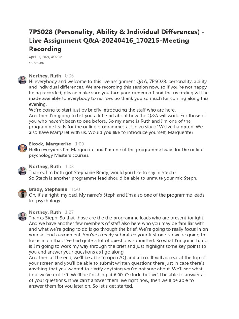 Q&A - 7PS028 - Personality, Ability & Individual Differences - Transcript | Download Free PDF ...