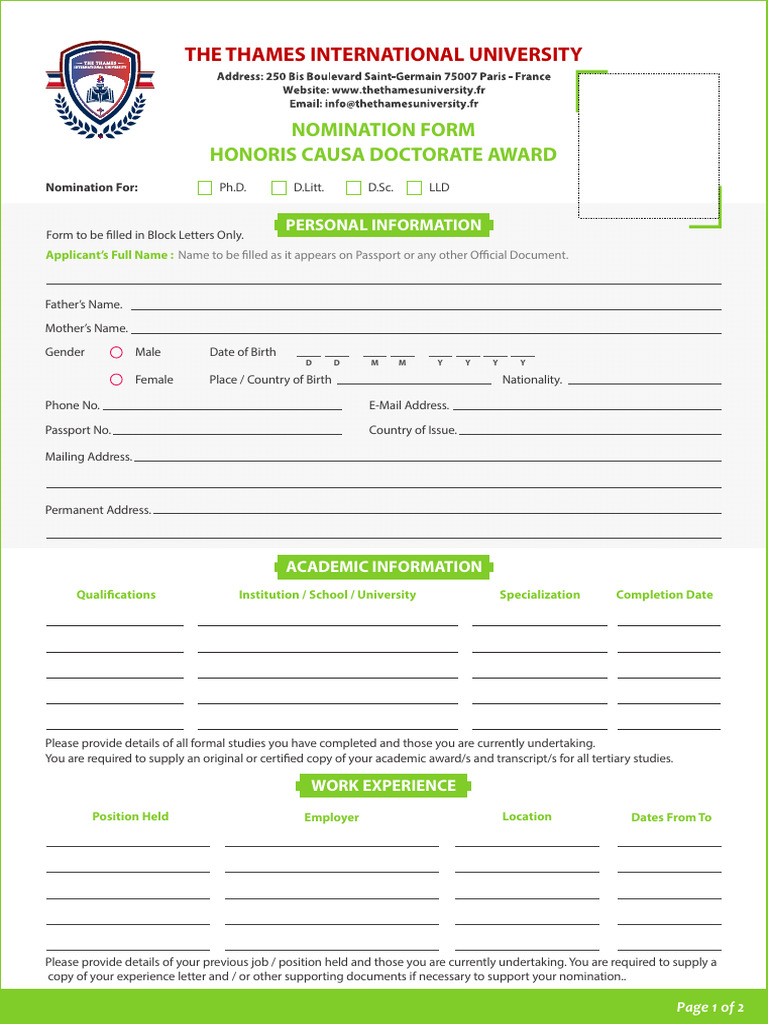 TTIU Nomination Form Editable | PDF | Doctorate