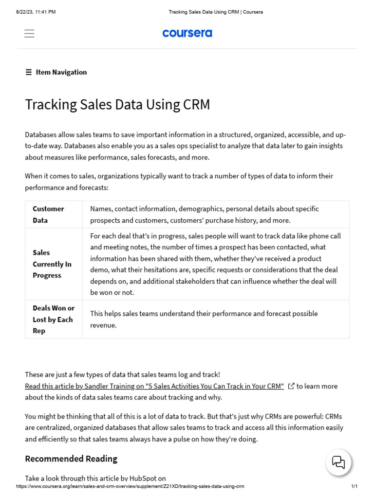 Tracking Sales Data Using CRM - Coursera | PDF