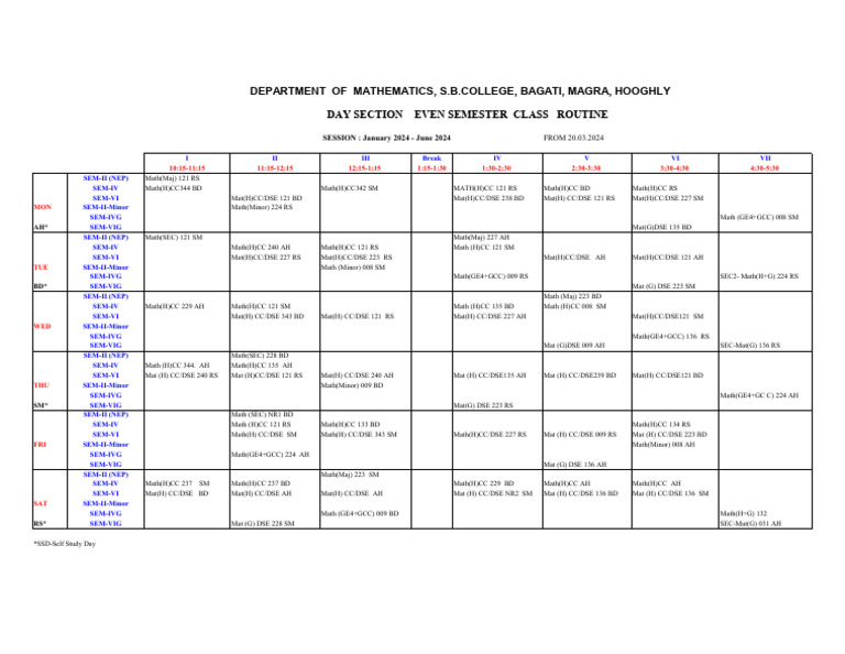 DAY SECTION CLASS ROUTINE 2024-Even Semester | PDF