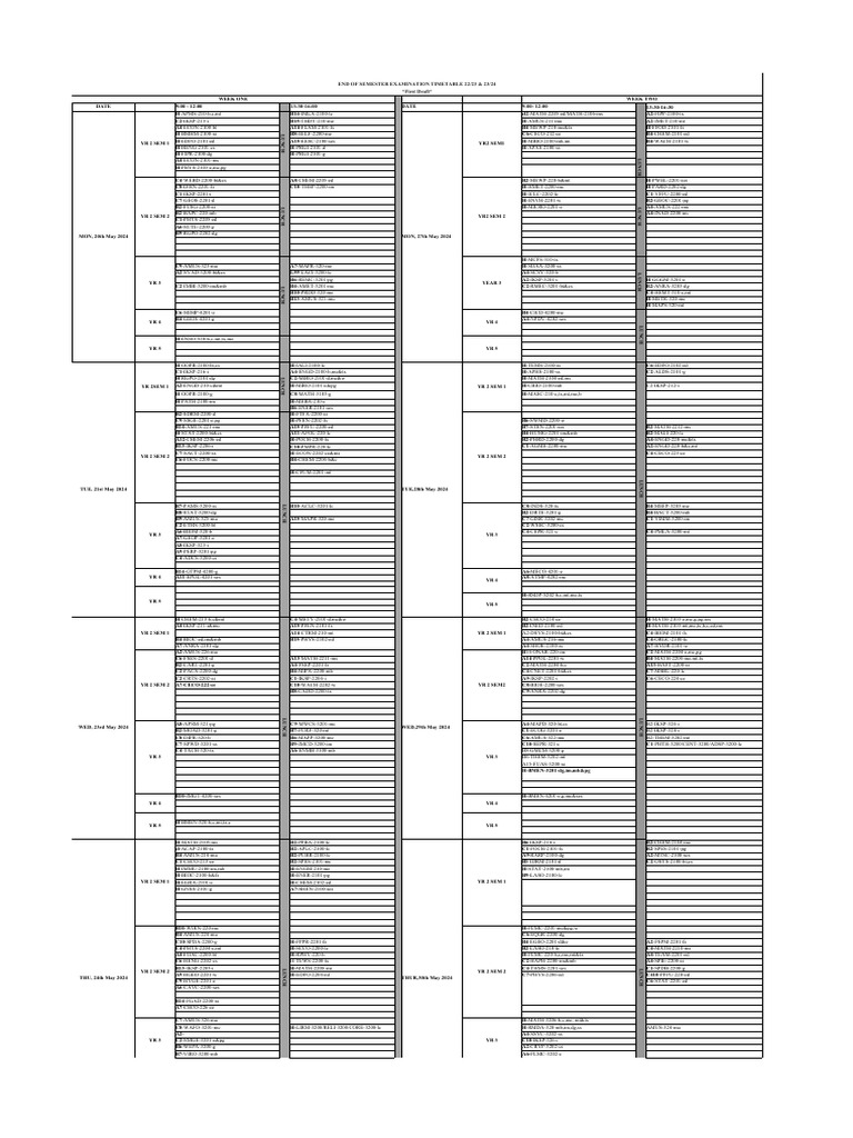 23 - 24 - End of Semester Examination Timetable Draft 1 | PDF