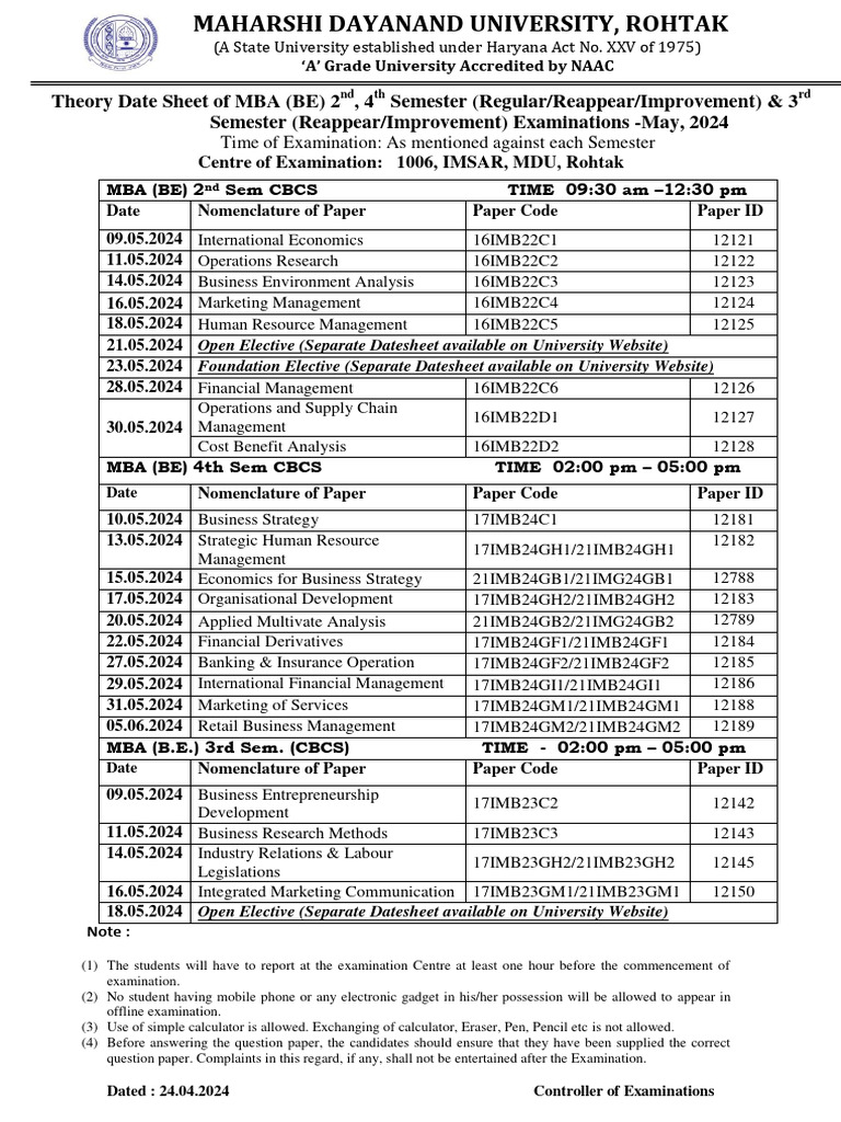 MBA Exam Schedule May 2024 | PDF | Master Of Business Administration ...