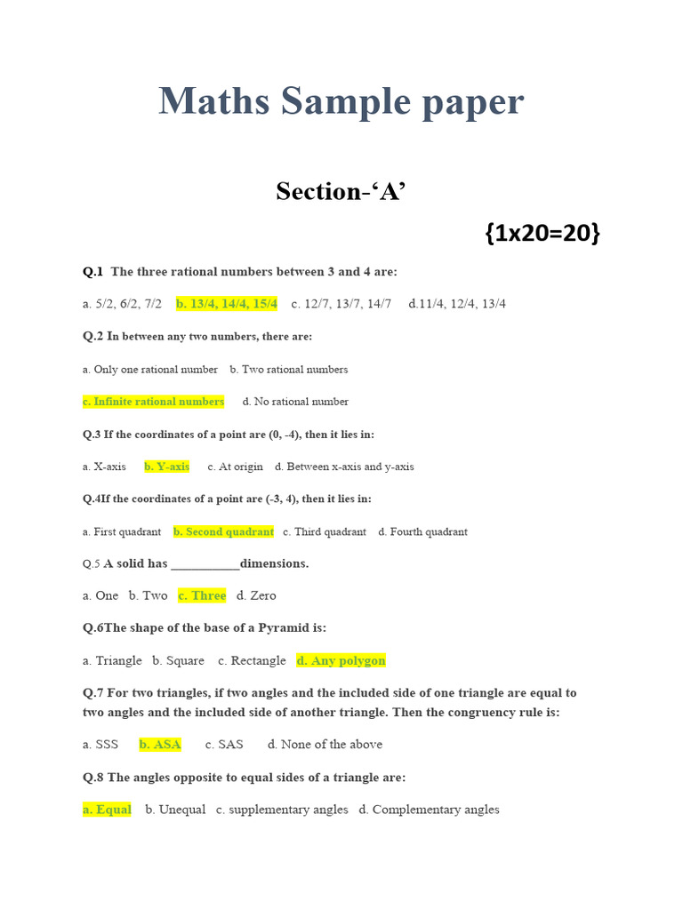 Maths Sample paper | PDF | Triangle | Area