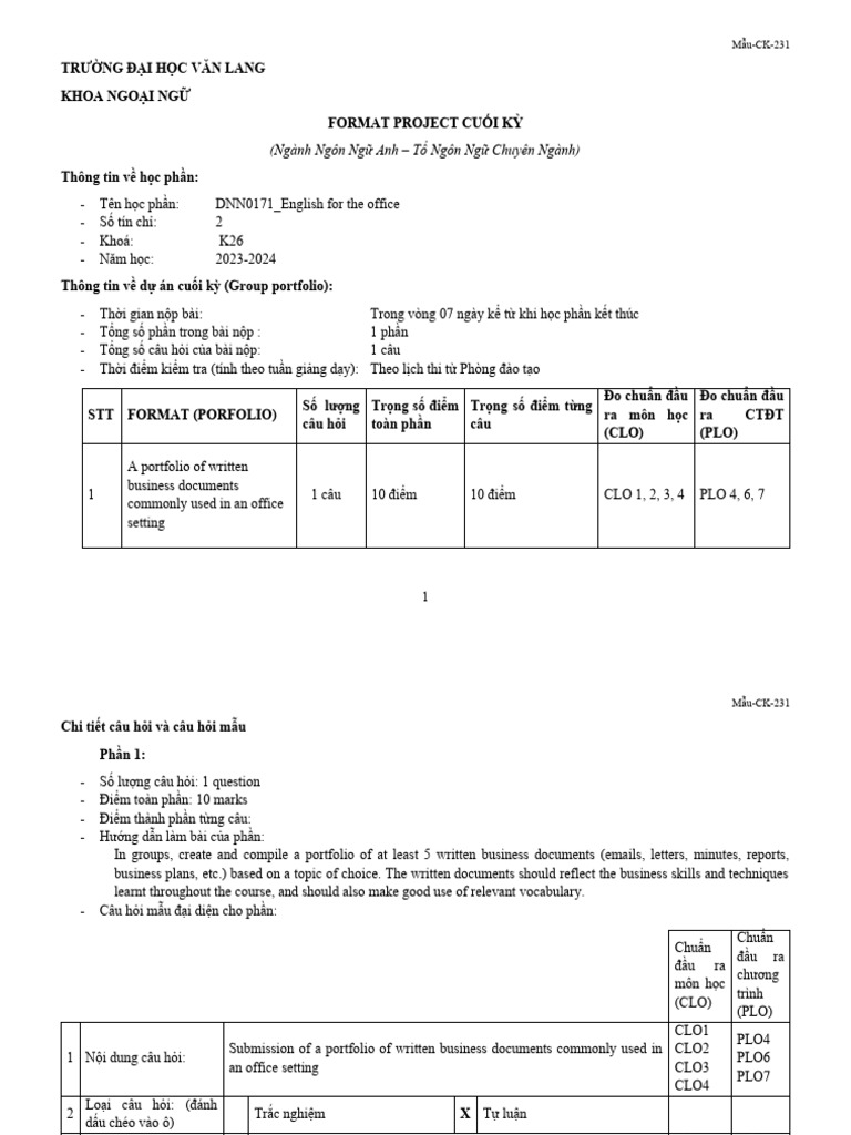 K26 - FORMAT CK - HK231 - (PROJECT) - ENGLISH FOR THE OFFICE - VŨ MẠNH QUYỀN | PDF