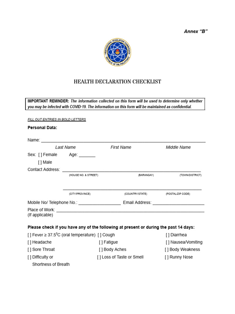 2020-68 Annex B - Health Declaration Form110320 | PDF | Diseases And ...