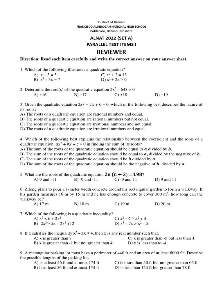 ALNAT Parrallel Test Items A - 074634 | PDF | Quadratic Equation ...