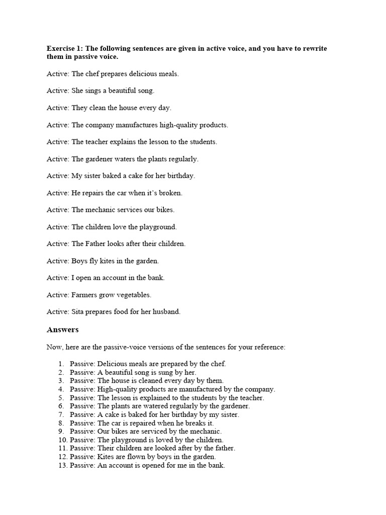 Active to Passive Voice Exercises | PDF | Chef
