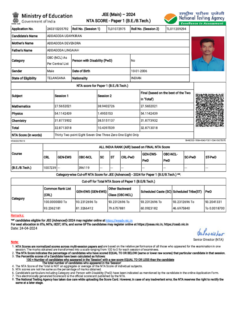 Press Release For The Release of Rank and Nta Scores For Jee Main 2024 ...