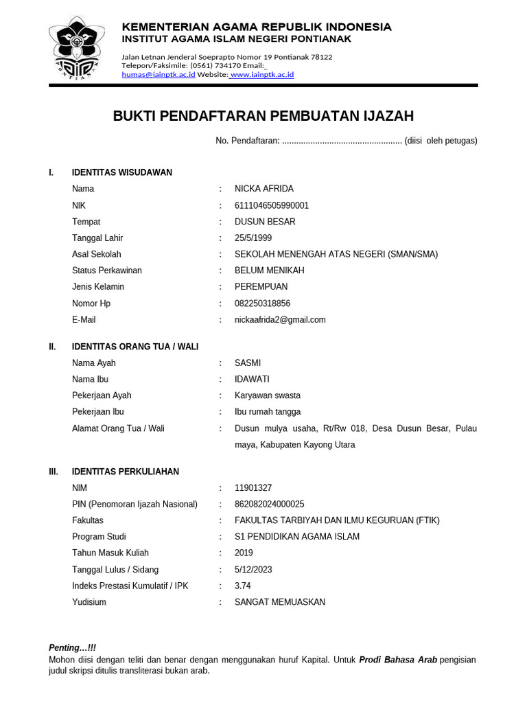 Bukti Pembuatan Ijazah - NICKA AFRIDA | PDF