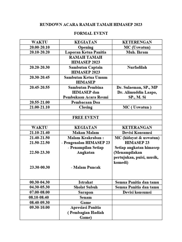 Rundown Acara Ramah Tamah Himasep 2023 | PDF