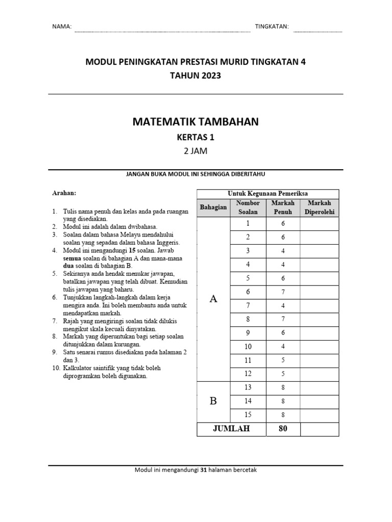 2023 Pat F4 Matematik Tambahan Kertas 1 - Soalan | PDF