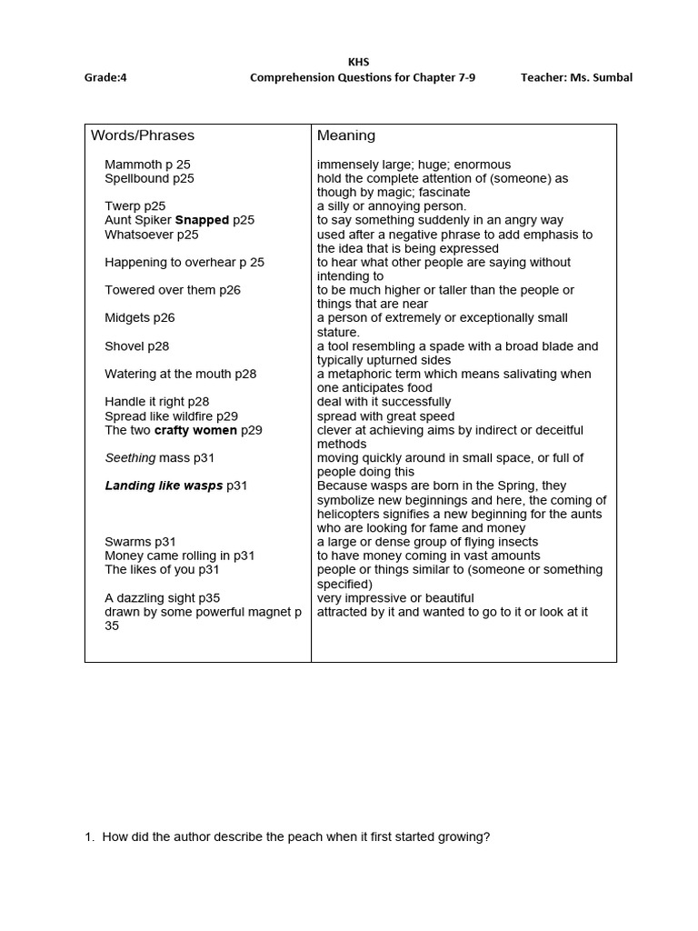 Grade 4 Comprehension Questions: Chapters 7-9 | PDF