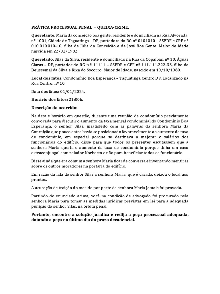 Queixa-Crime: Caso Maria vs. Silas | PDF | Direito