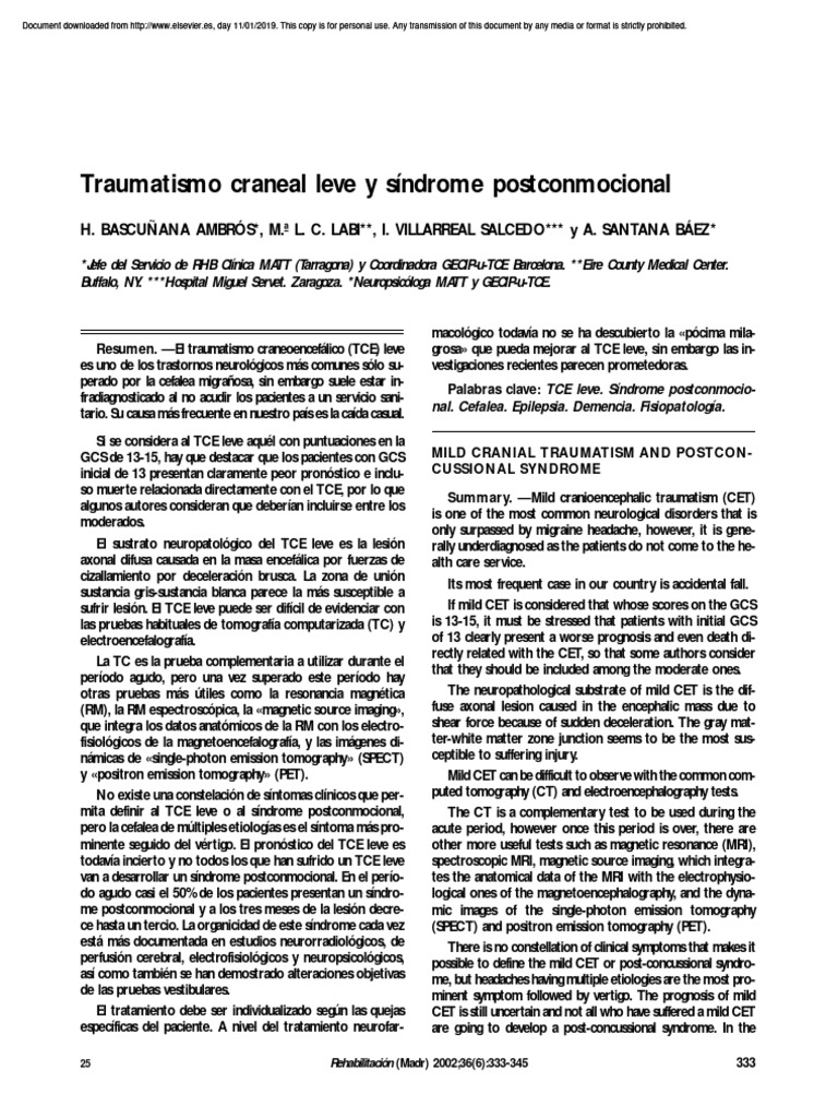 TCE Leve y Síndrome Posconmocional 2002 | PDF | Lesión cerebral ...