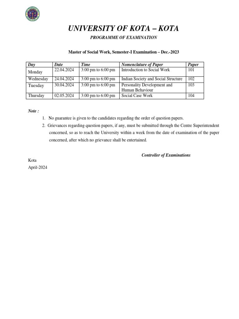 2054 - Semester I - III Time Table - Dec.-2023 REVISED | PDF | Chemistry