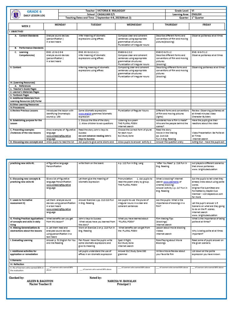 DLL GRADE 6 Q1 WEEK 2 ALL SUBJECTS (Mam Inkay Peralta) | PDF | Mixture ...