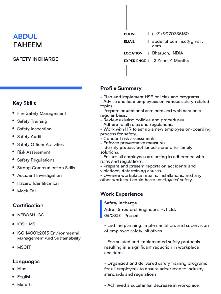 Abdul Fahim - Safety Incharge - 13 Yrs 0 Month | PDF | Occupational Safety And Health | Safety