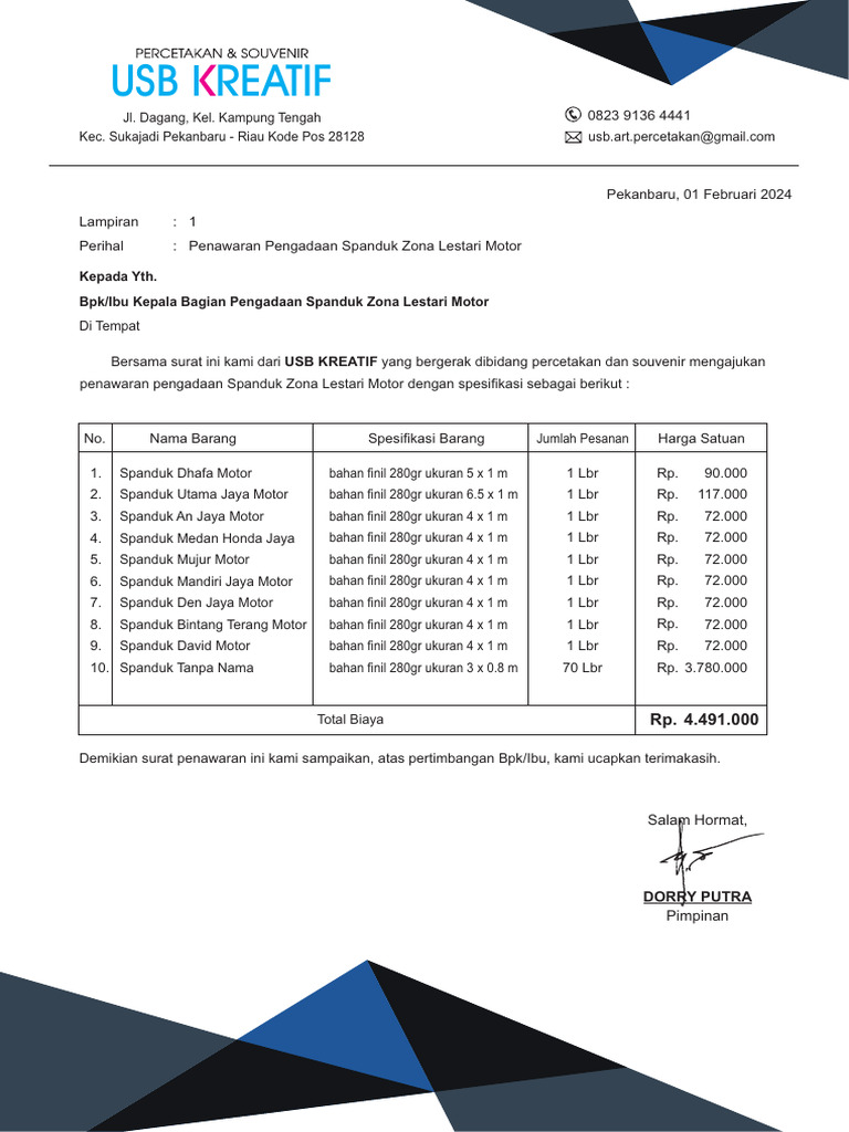 Penawaran Spanduk Zona Lestari Motor | PDF