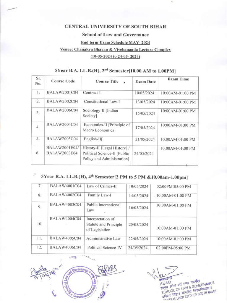 Time-Table of End-Term Examination of BA LLB - 2nd, 4th, 6th, 8th and ...