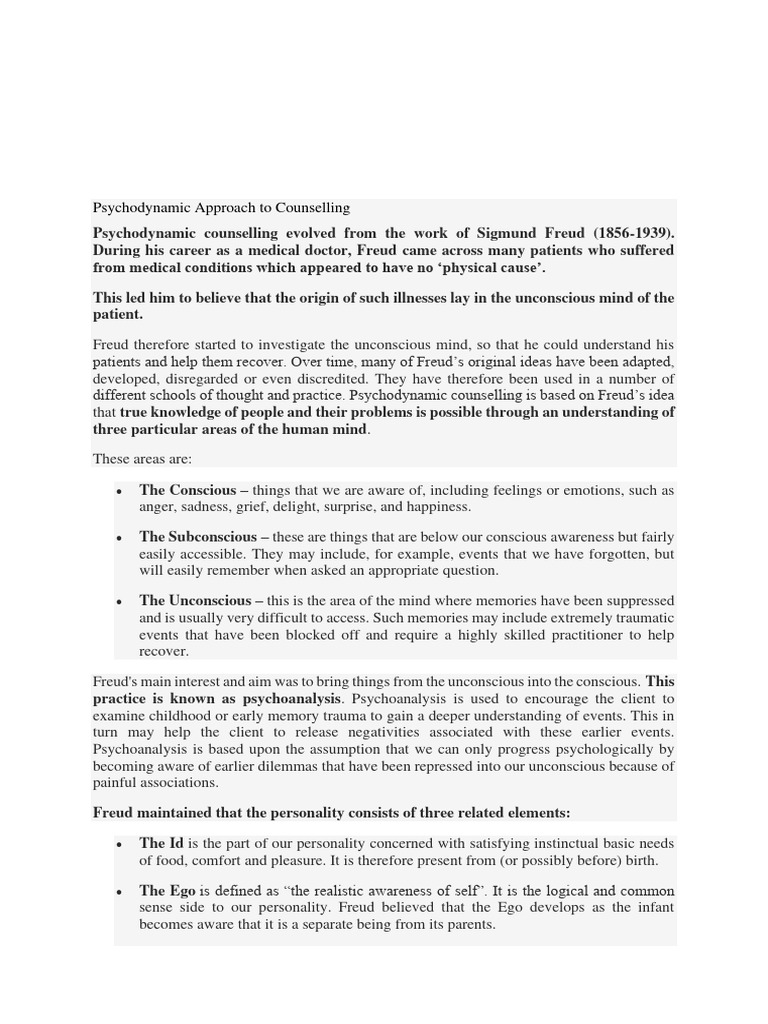 Psychodynamic Counselling Overview | PDF | Id | Psychotherapy