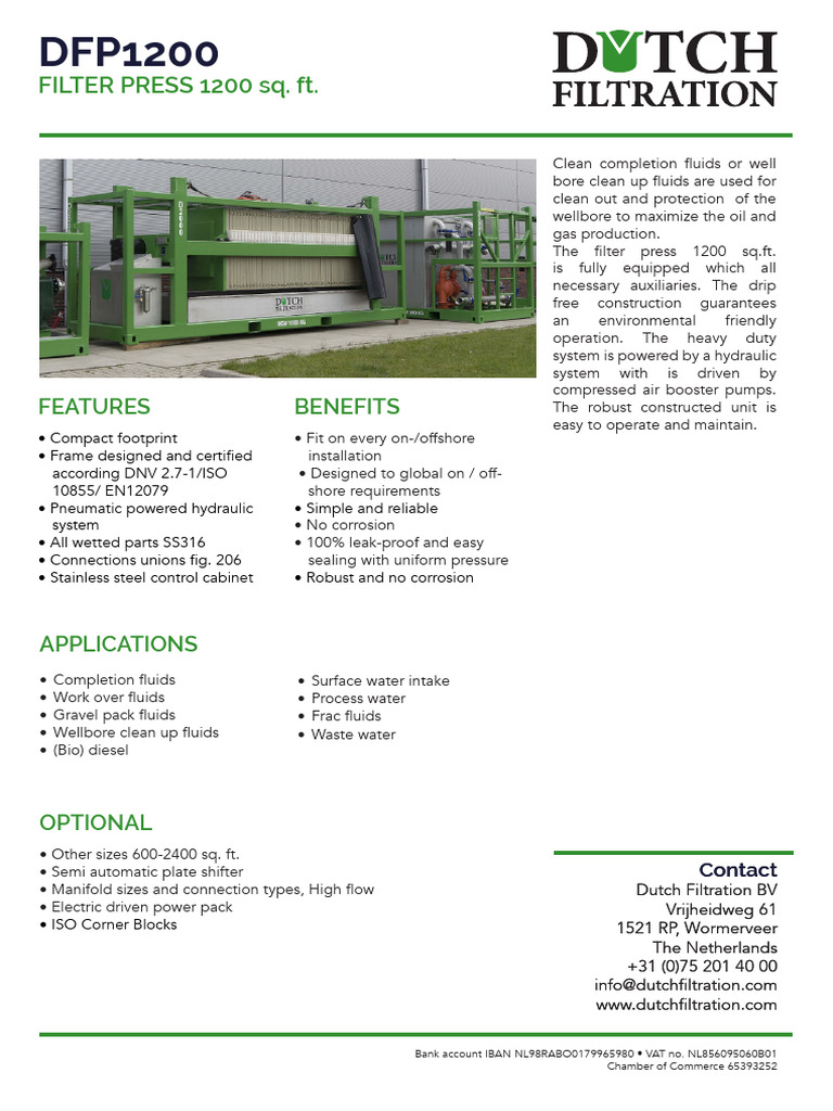DFP1200 Filter Press Specifications | PDF | Valve | Filtration