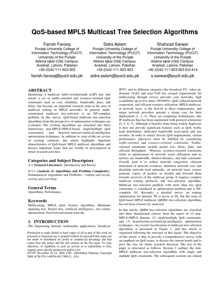 Qos Based Mpls Multicast Tree Selection Algorithms Farrah Farooq Sidra Aslam Shahzad Sarwar