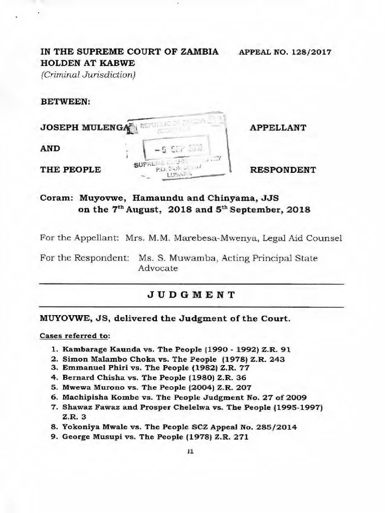 Joseph Mulenga v The People Appeal Judgment | PDF | Prosecutor | Witness