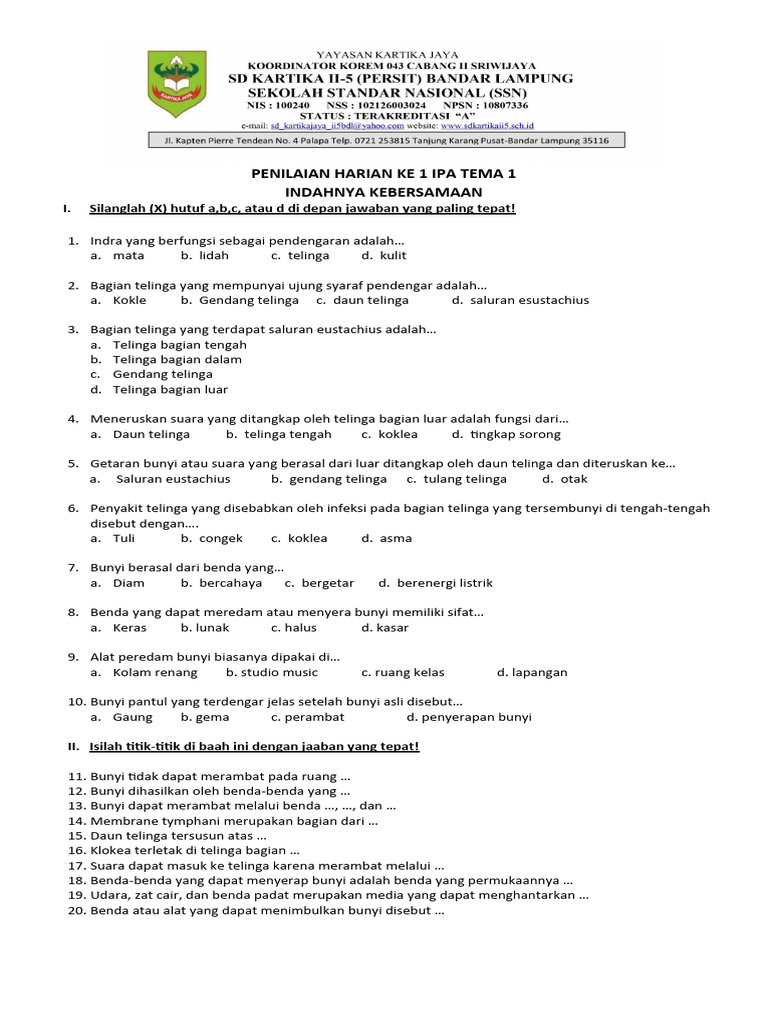 Penilaian Harian Ke 1 Ipa Tema 1 Indahnya Kebersamaan | PDF