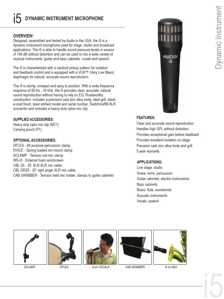 Audix I5 Specifications | PDF | Microphone | Sound Technology
