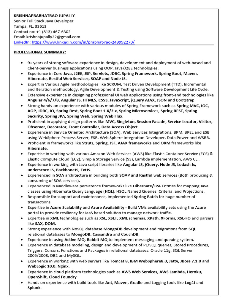 KPRAO SrFullStackJavaDeveloper Resume | PDF | Spring Framework | Web Service