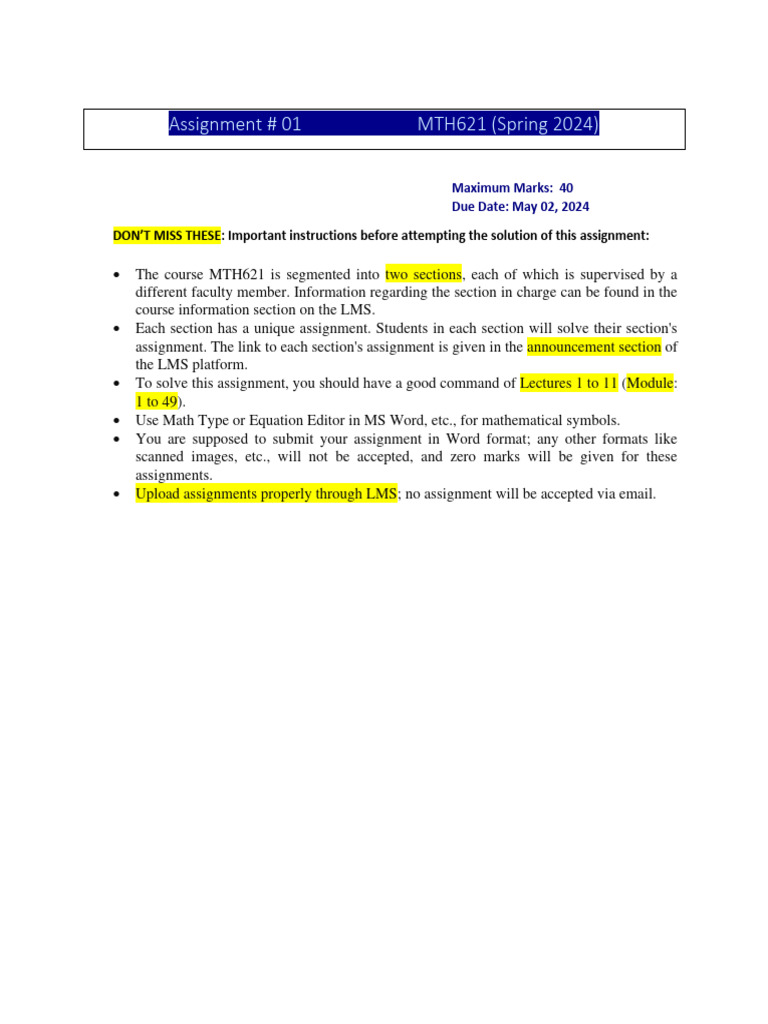 Spring 2024 - MTH621 - 1 | PDF