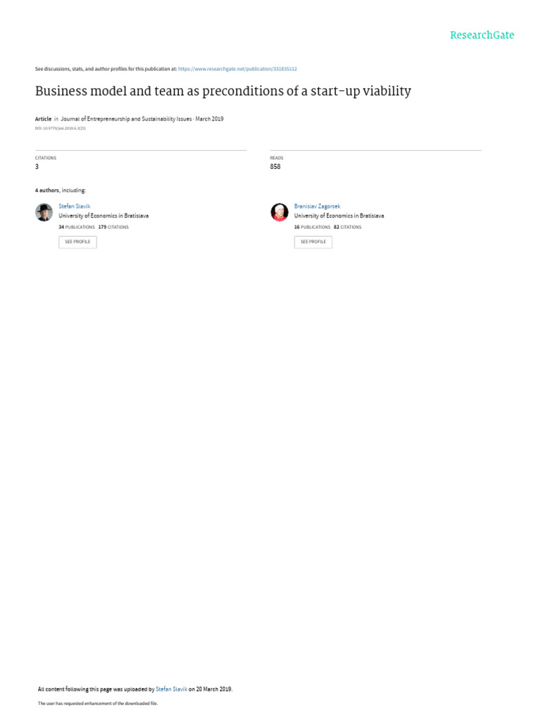 Slavik Business Model and Team As Preconditions of A Startup Viability ...