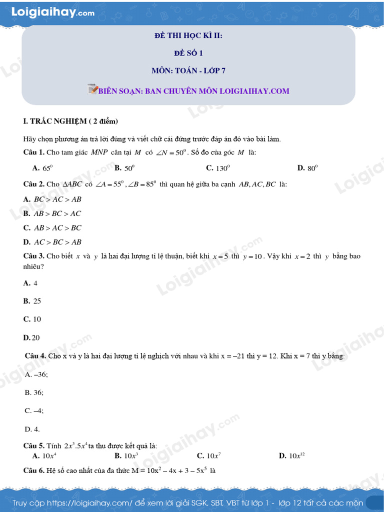 De Kiem Tra Hoc Ki 2 Toan 7 de So 1 Chan Troi Sang Tao 1680332301 Trang 1 | PDF