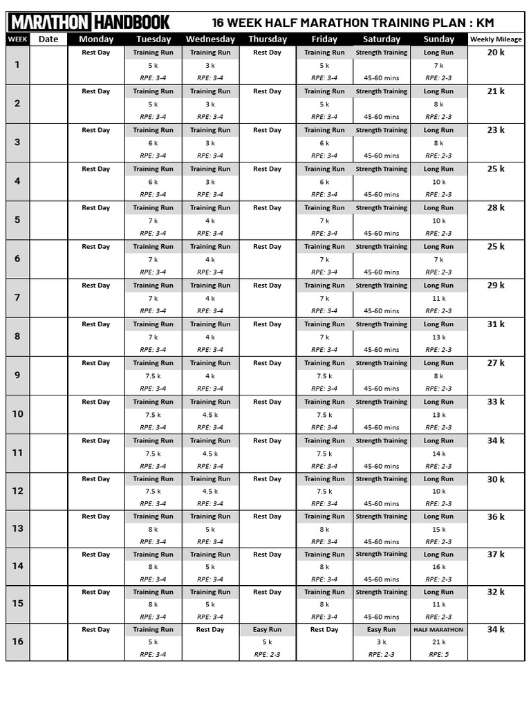16-Week Half Marathon Training Plan | PDF | Cooking, Food & Wine ...