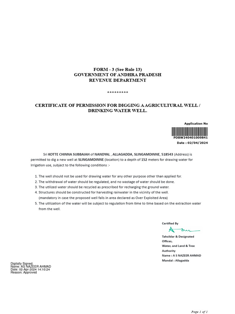 Borewell Digging Permission Certificate | PDF | Water | Transparent ...