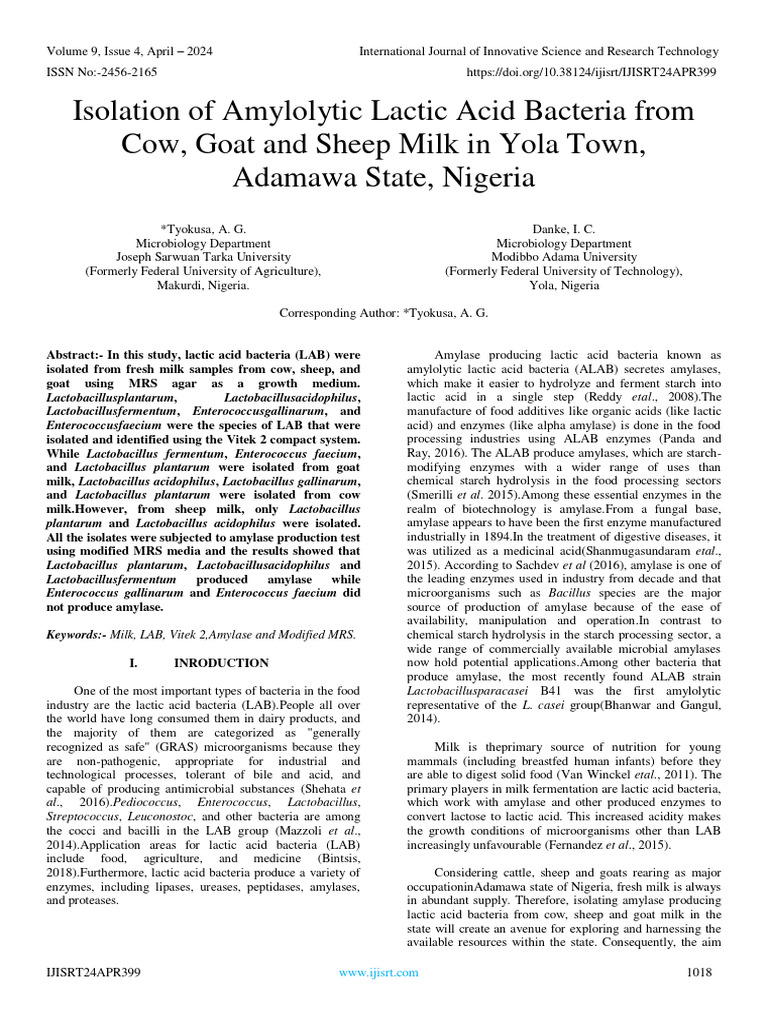 Isolation of Amylolytic Lactic Acid Bacteria From Cow, Goat and Sheep ...
