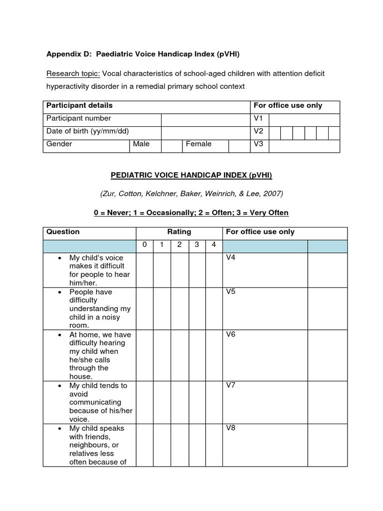 Appendix E Paediatric Voice Handicap Index (pVHI) | PDF | Human ...