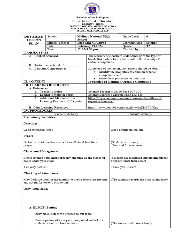 Grade 9 Science Lesson Plan on Organic Compounds | PDF | Chemistry ...