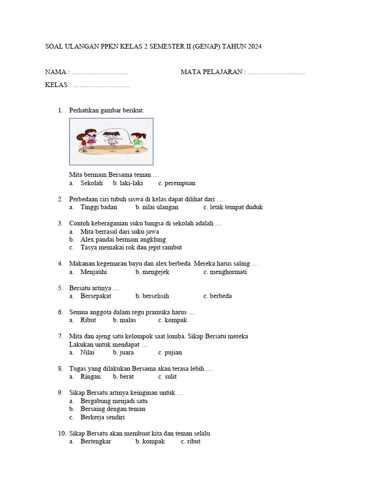 Soal Ulangan PPKN Kelas 2 Semester Ii | PDF | Olahraga & Rekreasi | Griya & Taman
