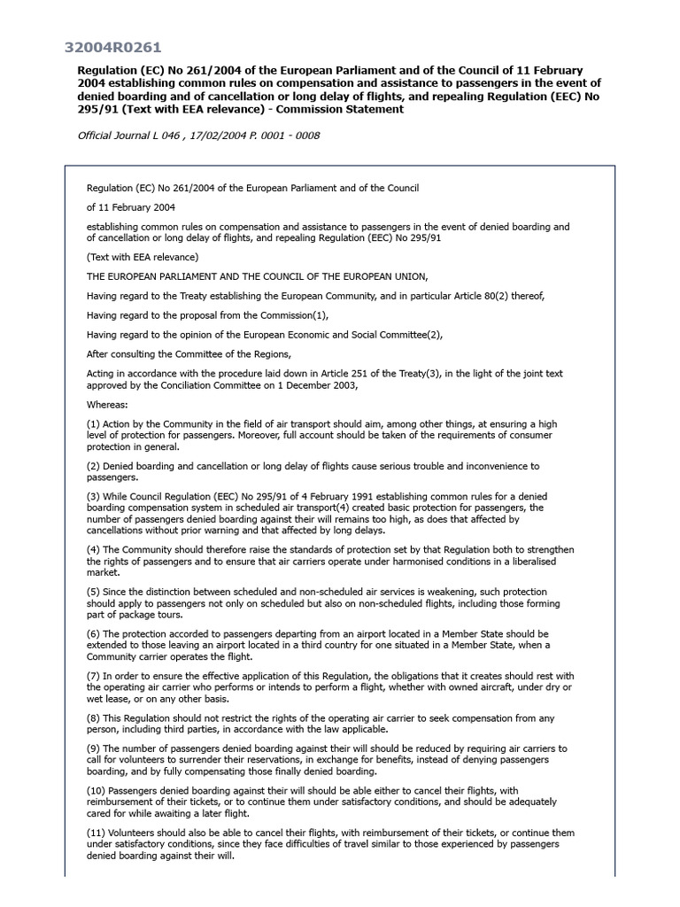 EUR-Lex - 32004R0261 - EN | Download Free PDF | European Economic Community | Airlines