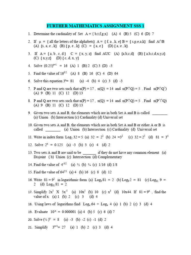 Further Mathematics Assignment Sss 1 Week 1 5 Pdf Mathematics Mathematical Objects
