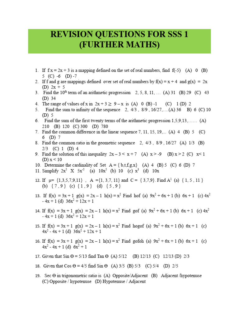 Revision Questions For Sss 1 Further Maths | PDF | Mathematics | Mathematical Analysis