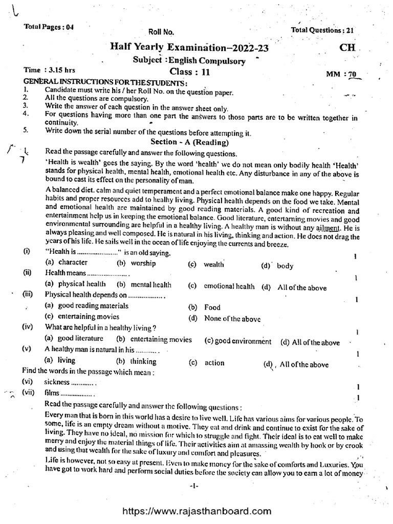 Rajasthan Board Class 11 Hy English 220523 2023 | PDF
